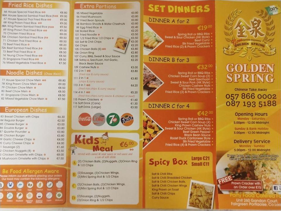 Menu at Golden Spring Chinese Takeaway Portlaoise restaurant, Portlaoise