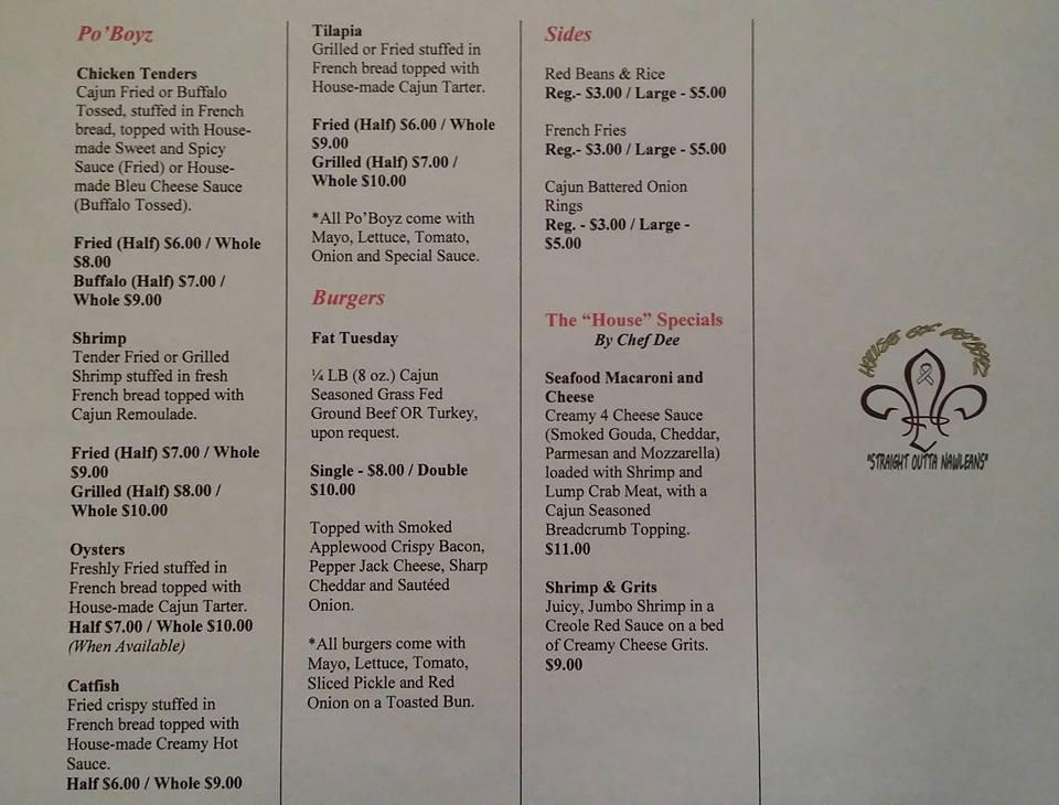 Menu at House Of Po'Boyz restaurant, Stone Mountain