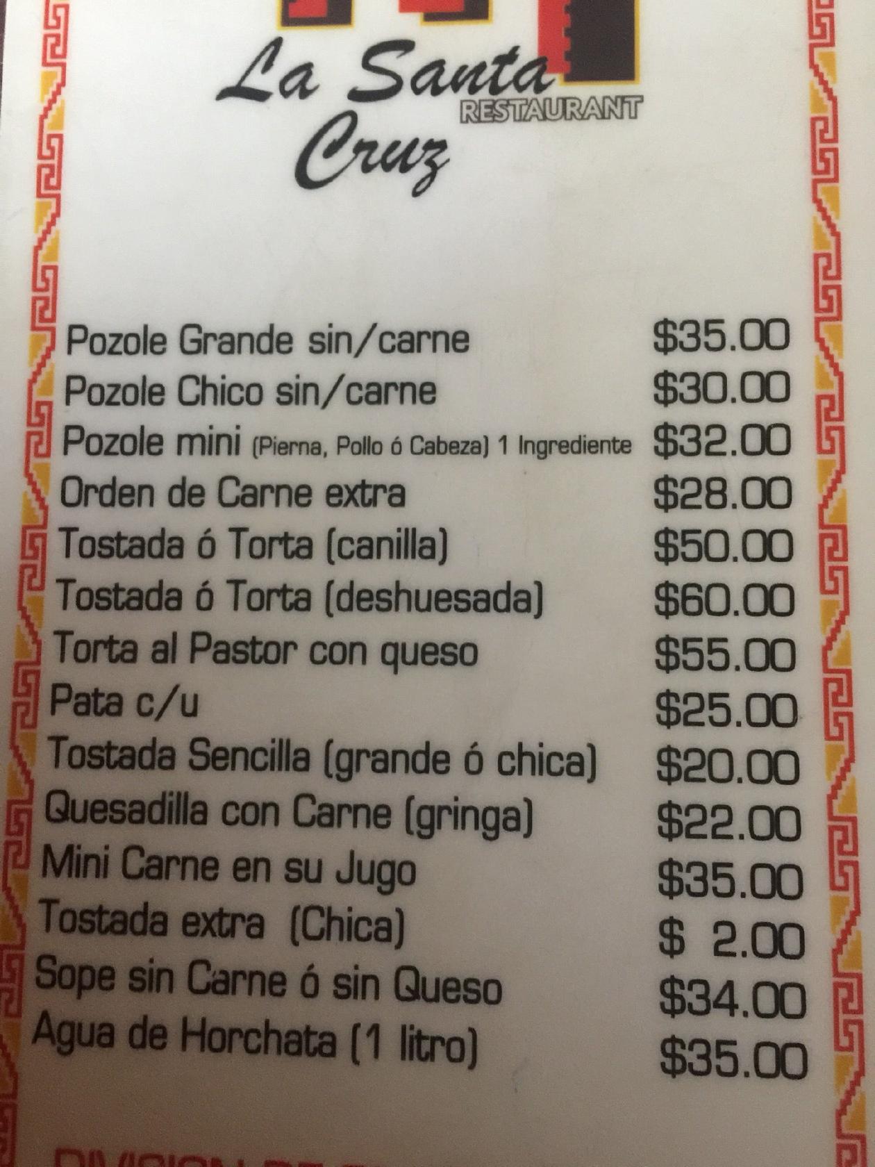Carta del restaurante La Santa Cruz, Zapopan, Av. Juan Palomar y Arias 63