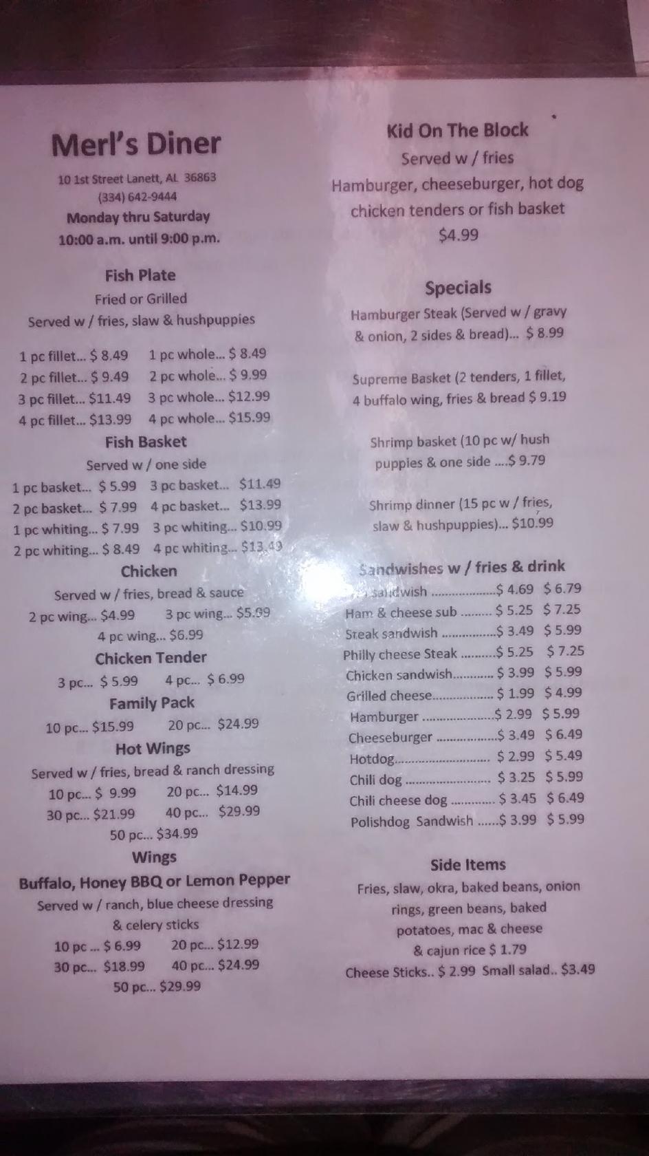 Menu at Merl's Diner restaurant, Lanett, 10 1st St