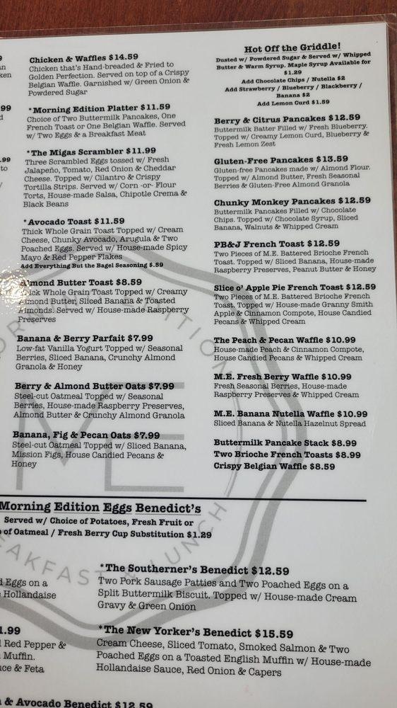 Menu at Morning Edition restaurant, Flower Mound