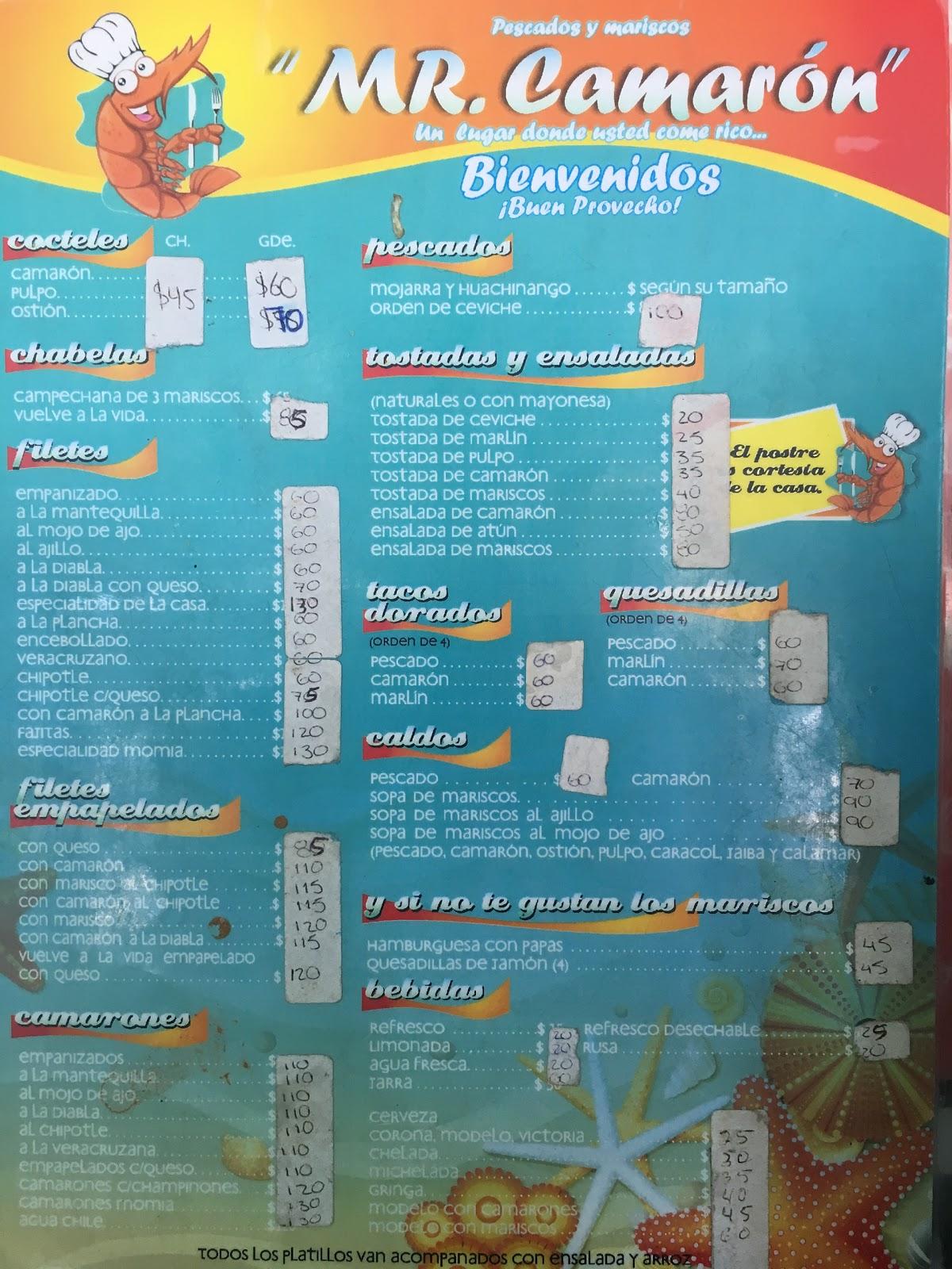 Menu at Mr. Camarón restaurant, Aguascalientes, Atenquique 101