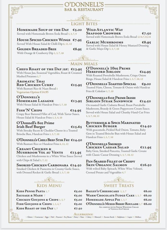 Menu at O'Donnells Bar & Restaurant, Tralee