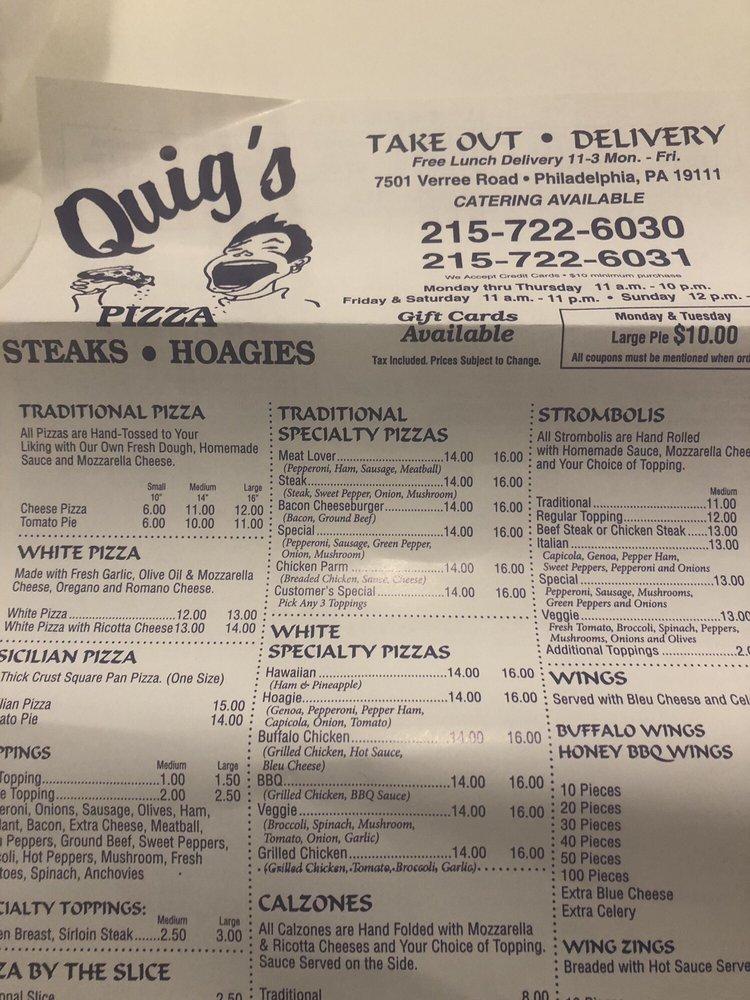 Menu at Quig's Pizza Steaks & Hoagie's pizzeria, Philadelphia