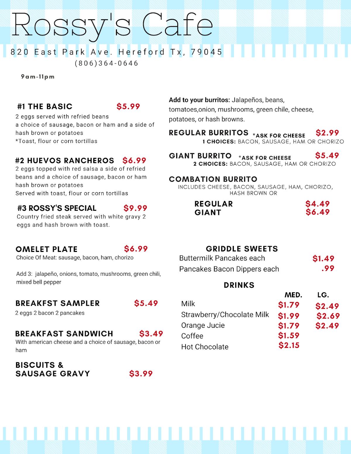 Menu at Rossy's Cafe, Hereford