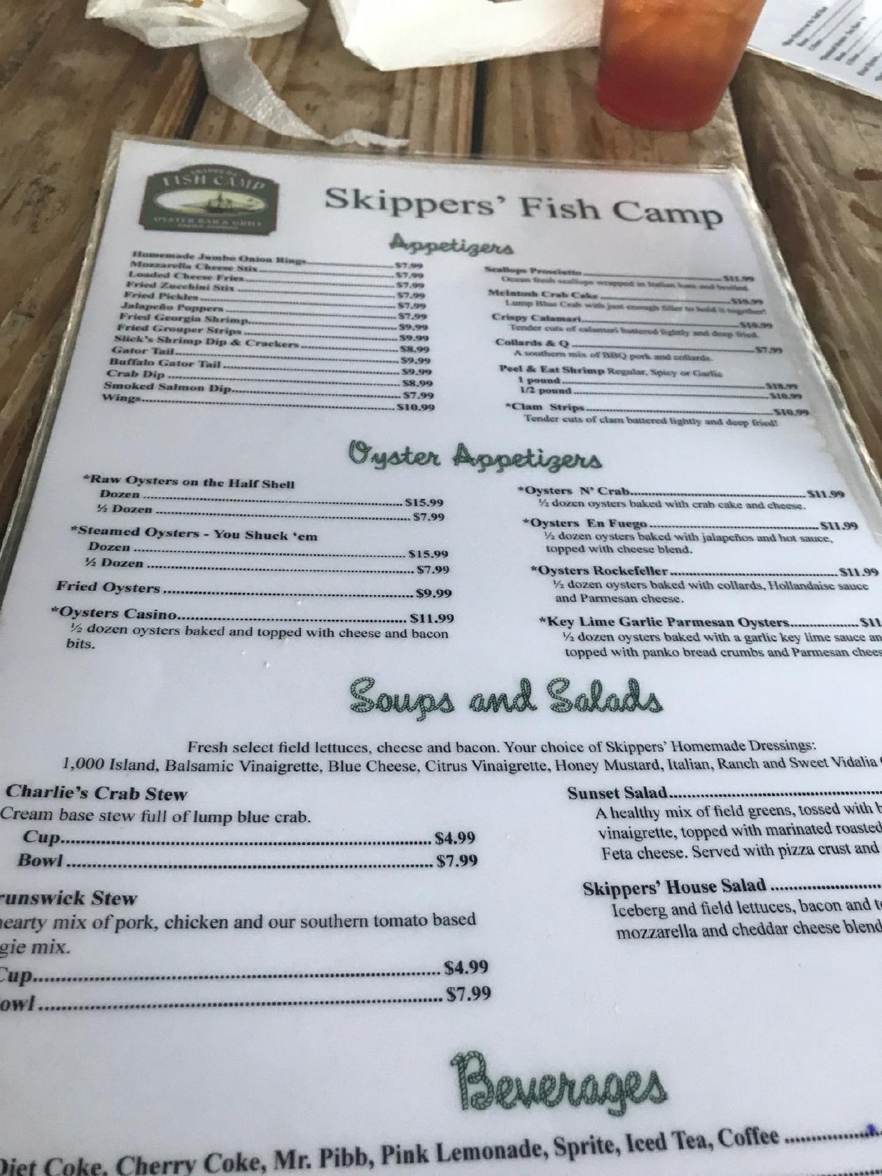 Menu at Skippers’ Fish Camp restaurant, Darien