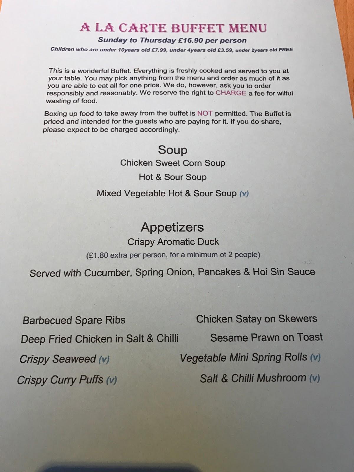 Menu at The Orient restaurant, Rowlands Gill