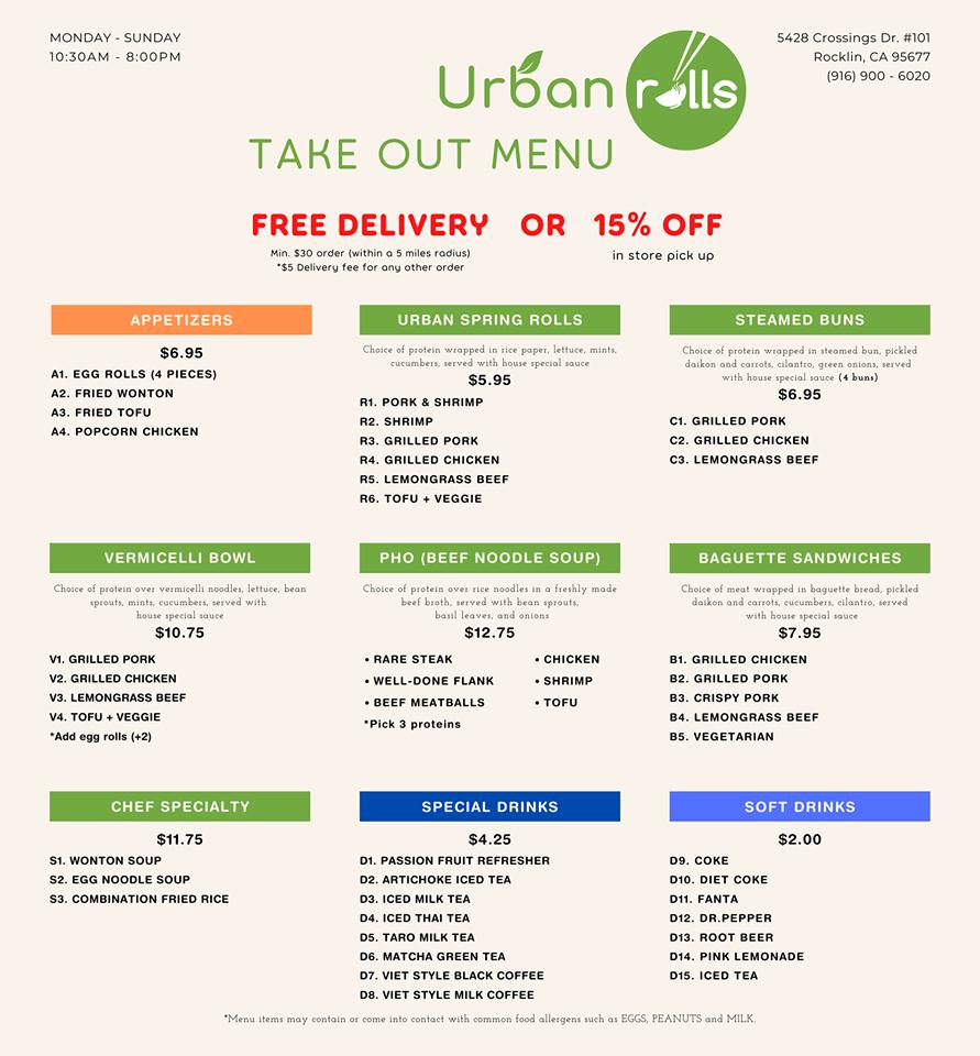 Menu at Urban Rolls cafe, Rocklin