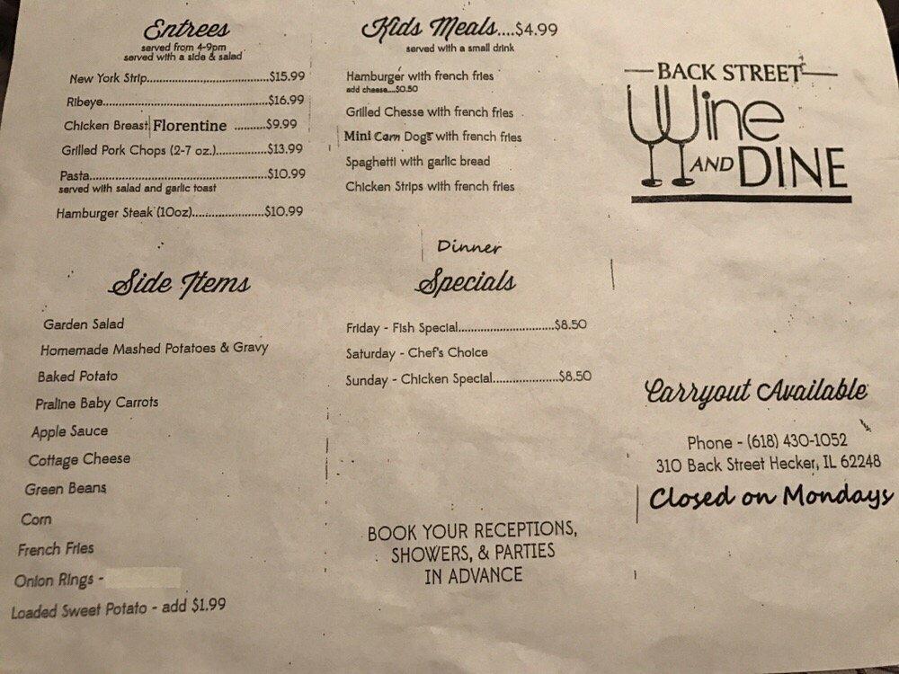 Menu at Backstreet Wine and Dine steakhouse, Hecker