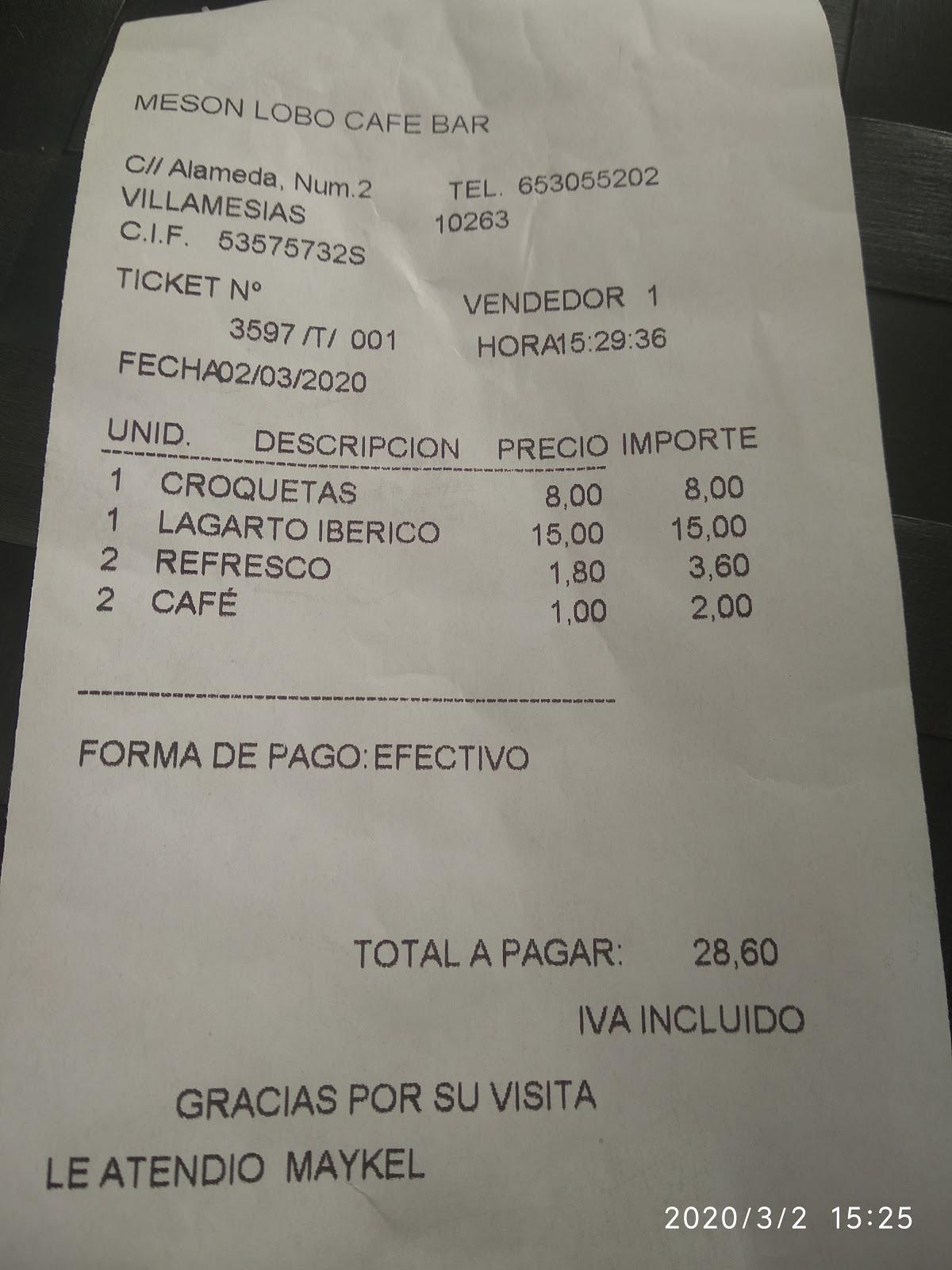 Menu at Mesón Lobo pub & bar, Villamesías