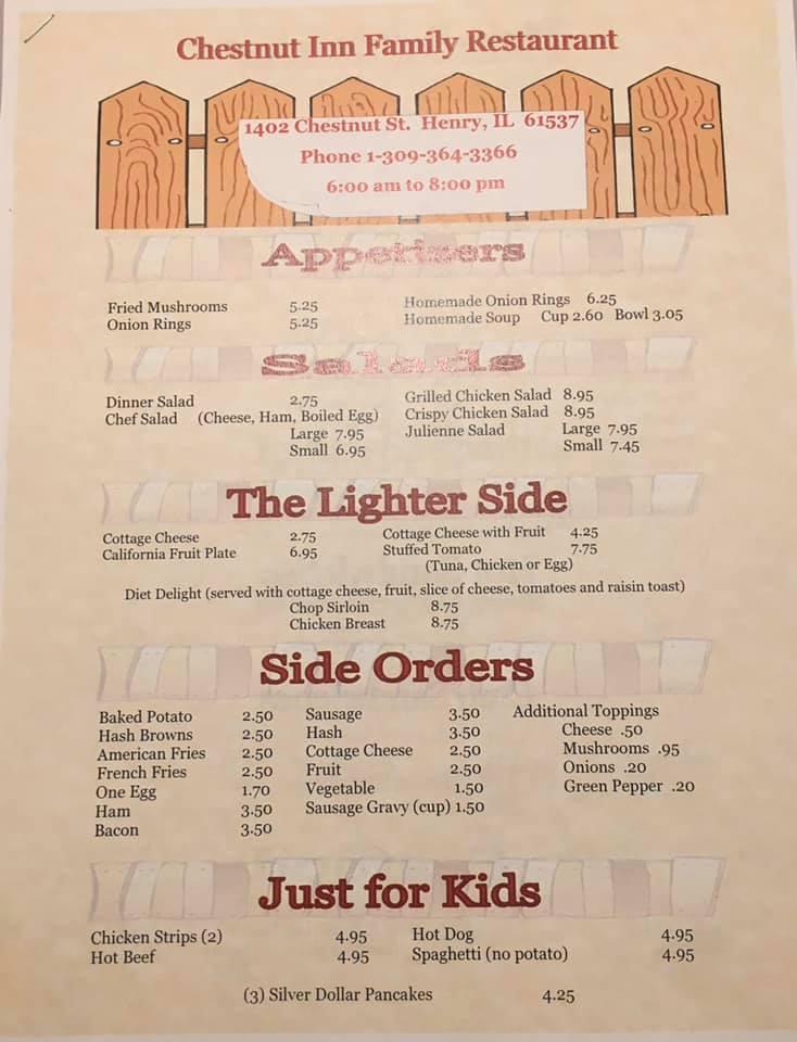 Menu at Chestnut Family Restaurant, Henry