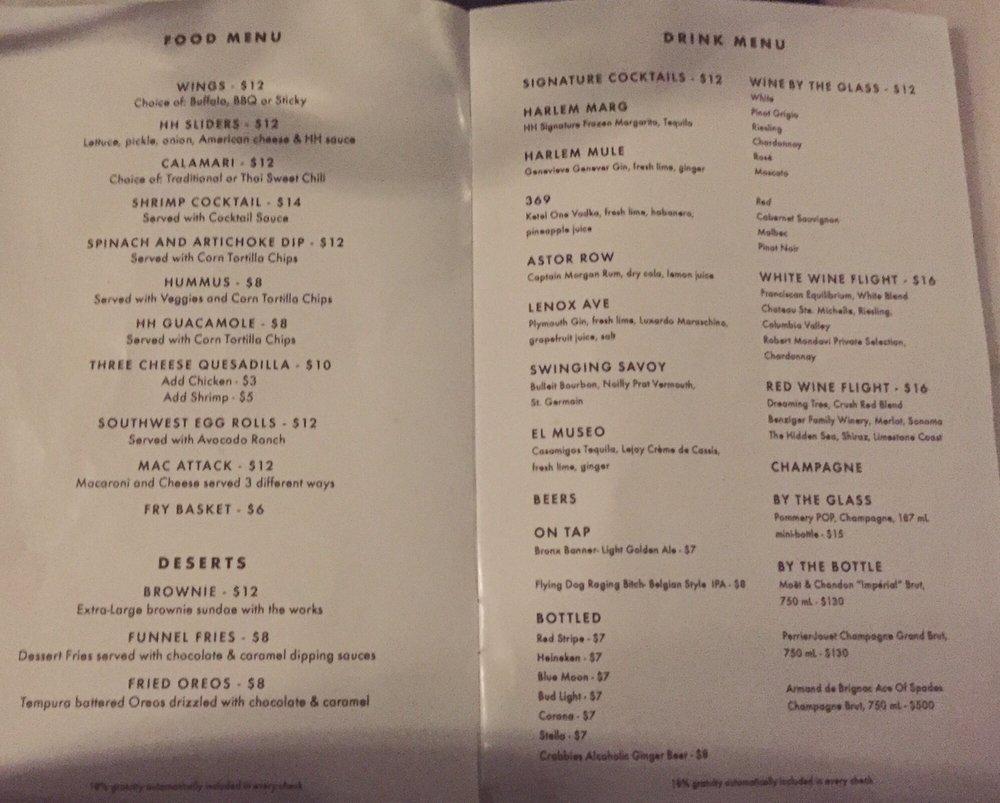 Menu at Harlem Hookah pub & bar, New York City