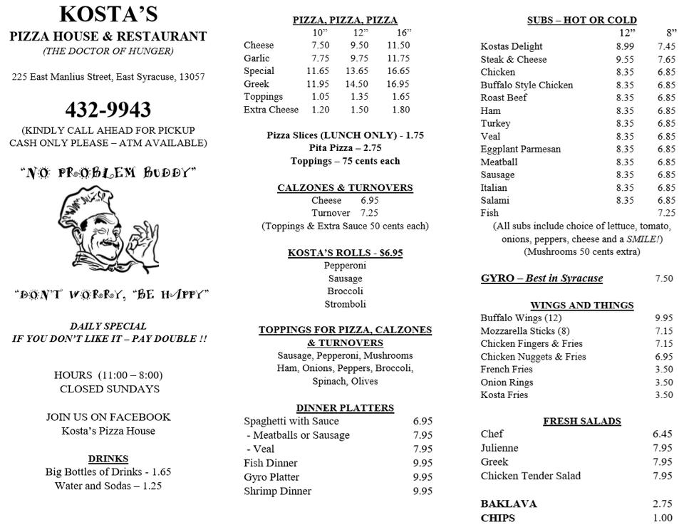 Menu at Kostas Pizza House pizzeria, East Syracuse