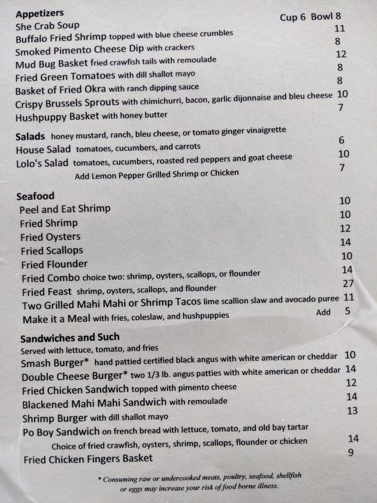 Menu at LoLo's restaurant, Charleston, Folly Rd