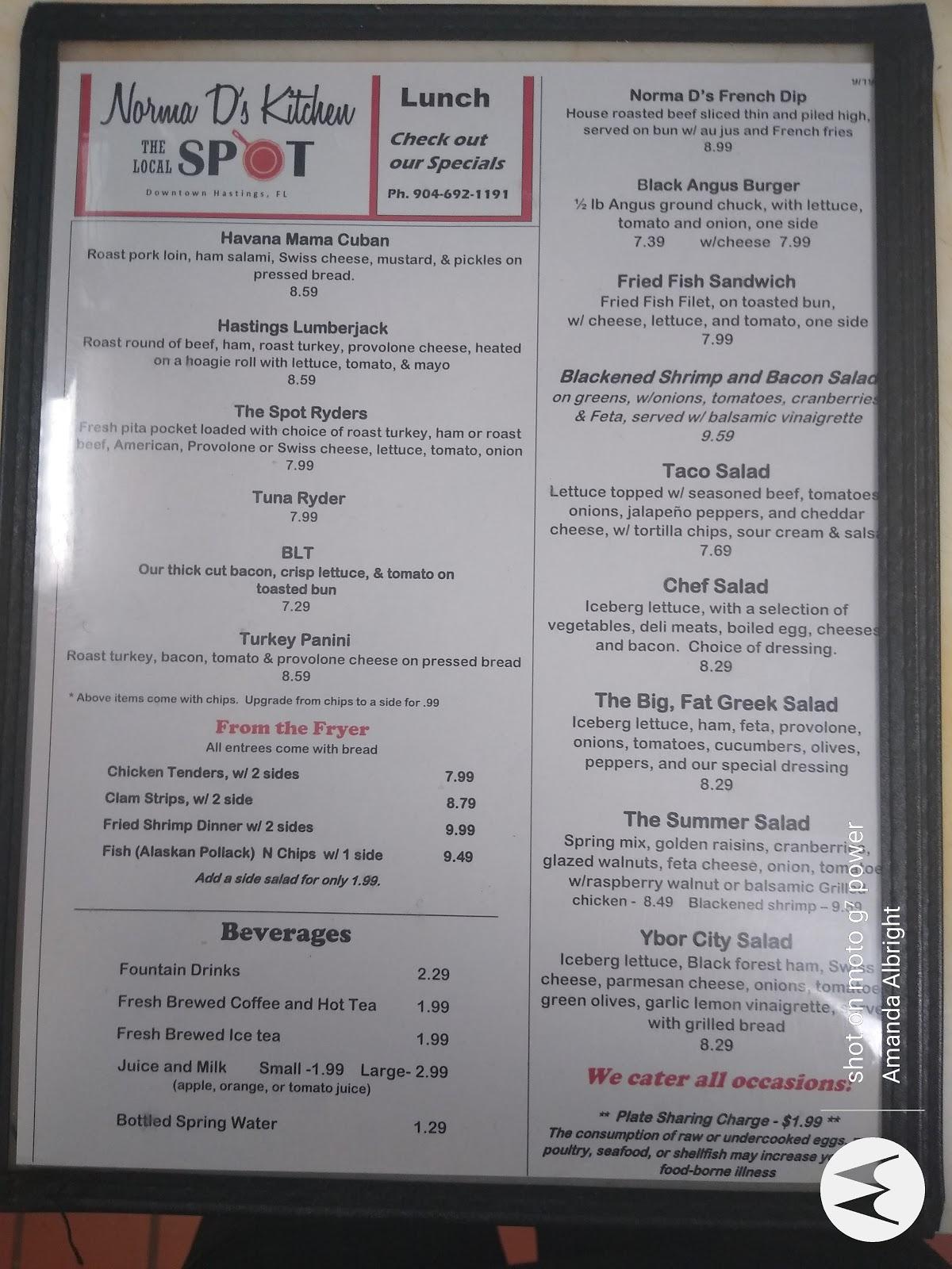 Menu at Norma D’s restaurant, Hastings