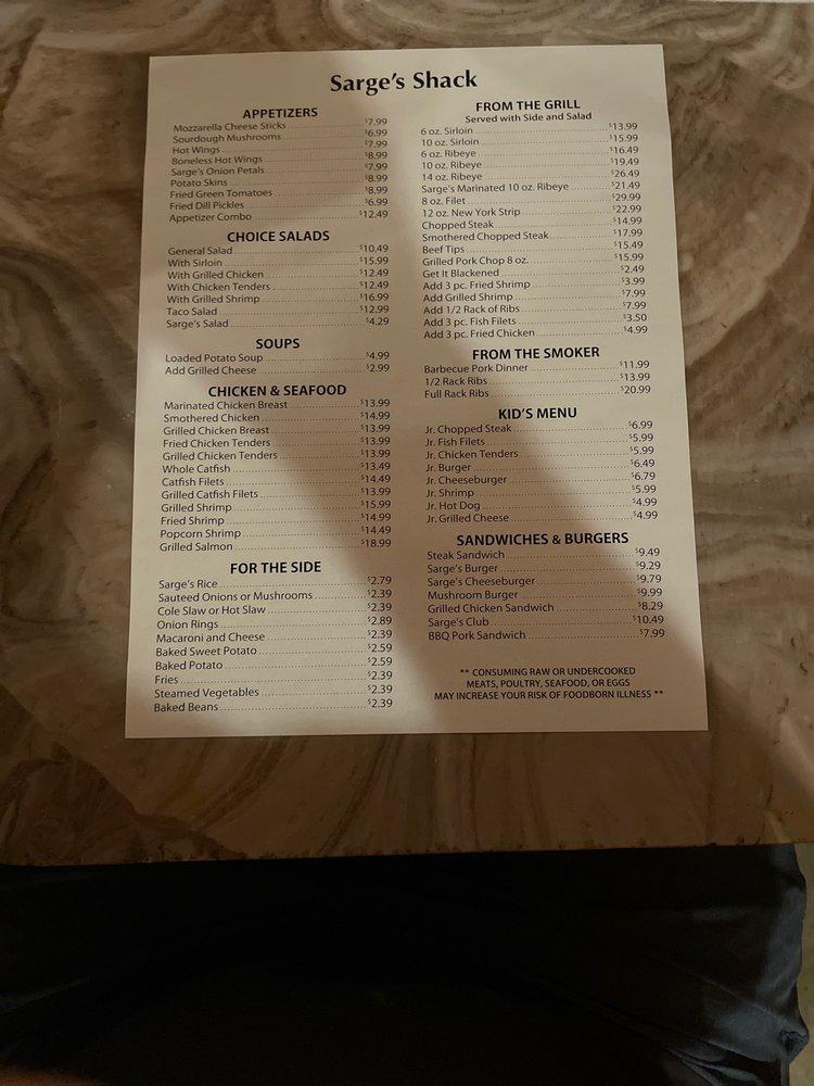 Menu at Sarge's Shack steakhouse, Frankewing