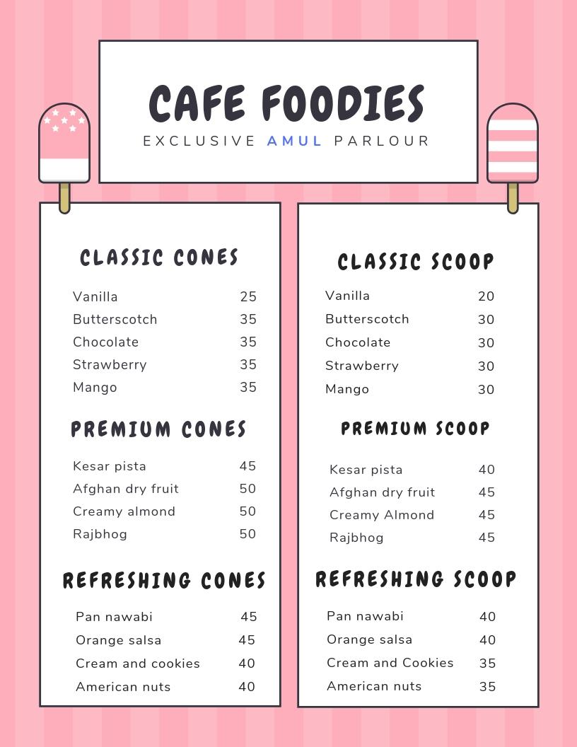 Menu at cafe foodies, Patna, mauryalok complex