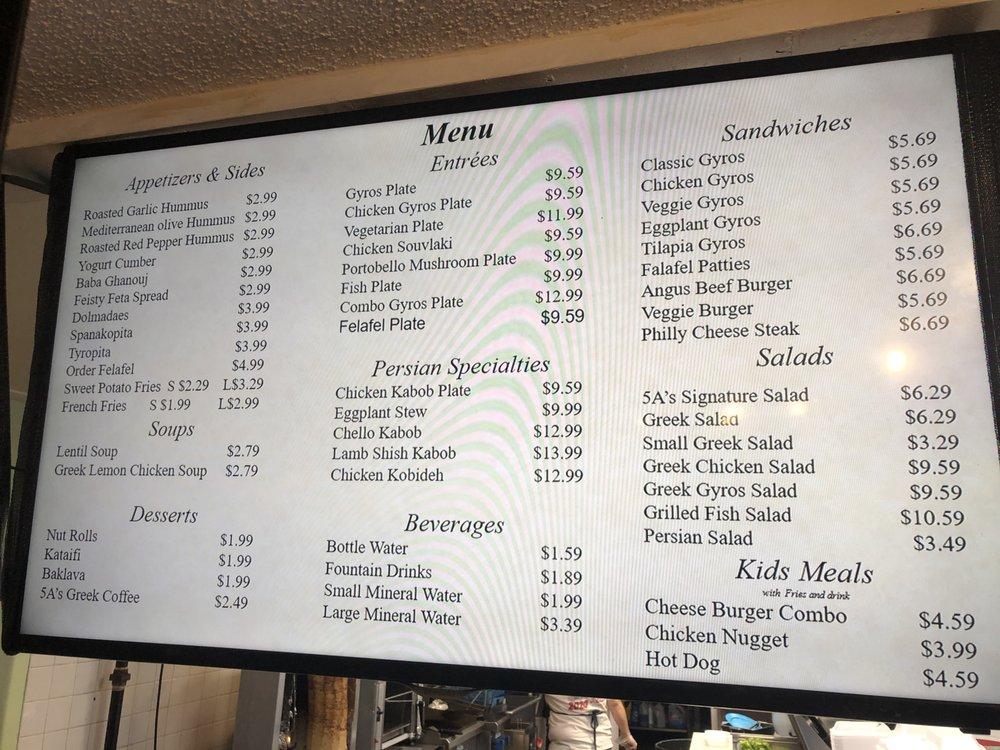 Menu at 5 A's Restaurant, Harvest