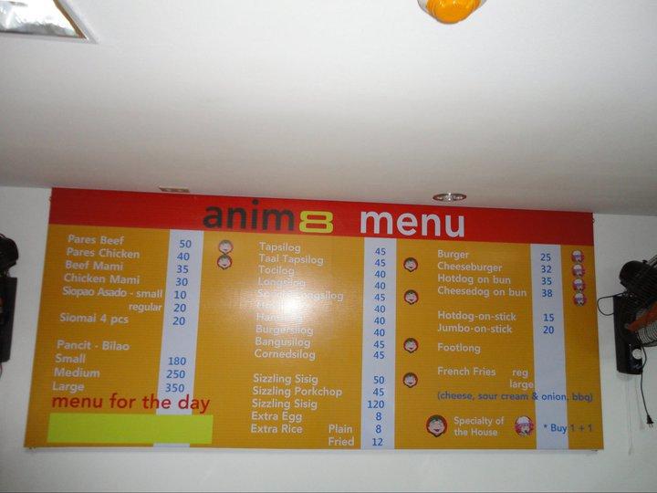 Menu at Anim8 Food House restaurant, Caloocan