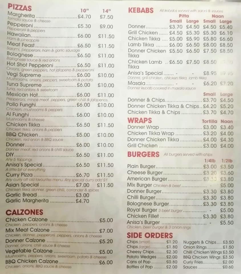 Menu at Anisa's Takeaway restaurant, Normanton
