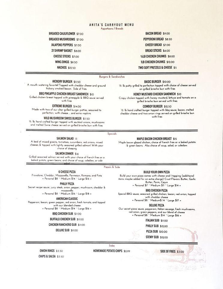 Carta del pub y bar Anita's Riverfront Grille, Marine City