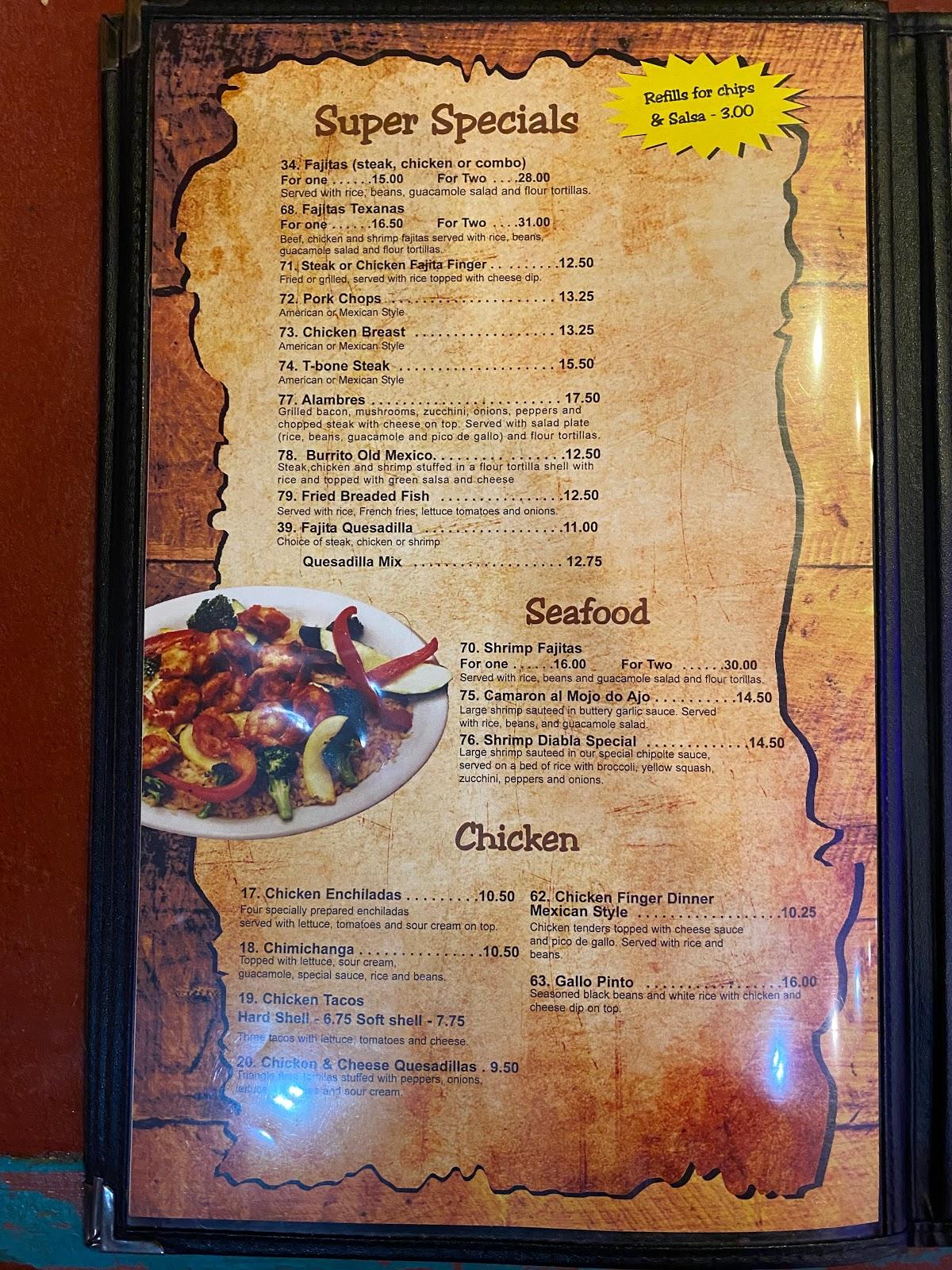 Menu at Old Mexico restaurant, Pittsburgh, Clairton Blvd
