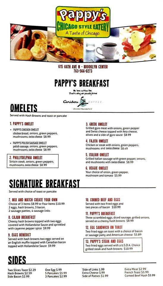 Menu at Pappy's restaurant, Brooklyn Center