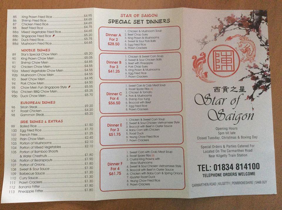 Menu at Star Of Saigon fast food, Kilgetty