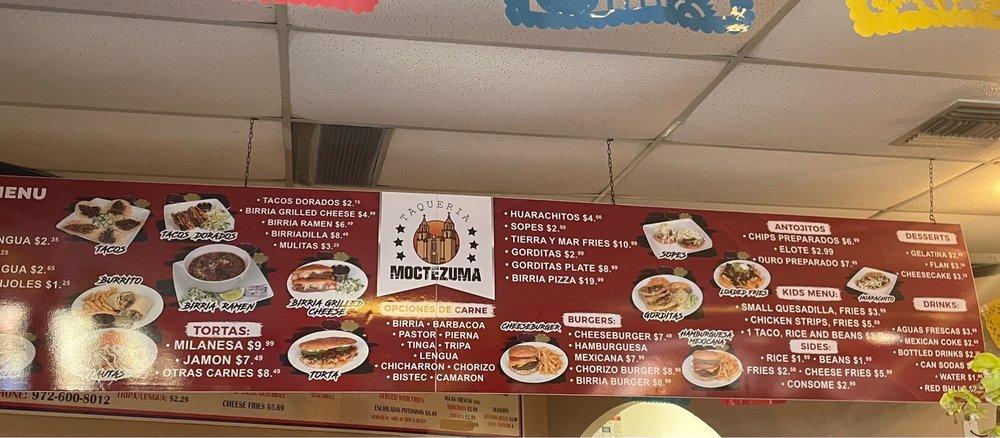 Menu at Taqueria Moctezuma restaurant, Irving