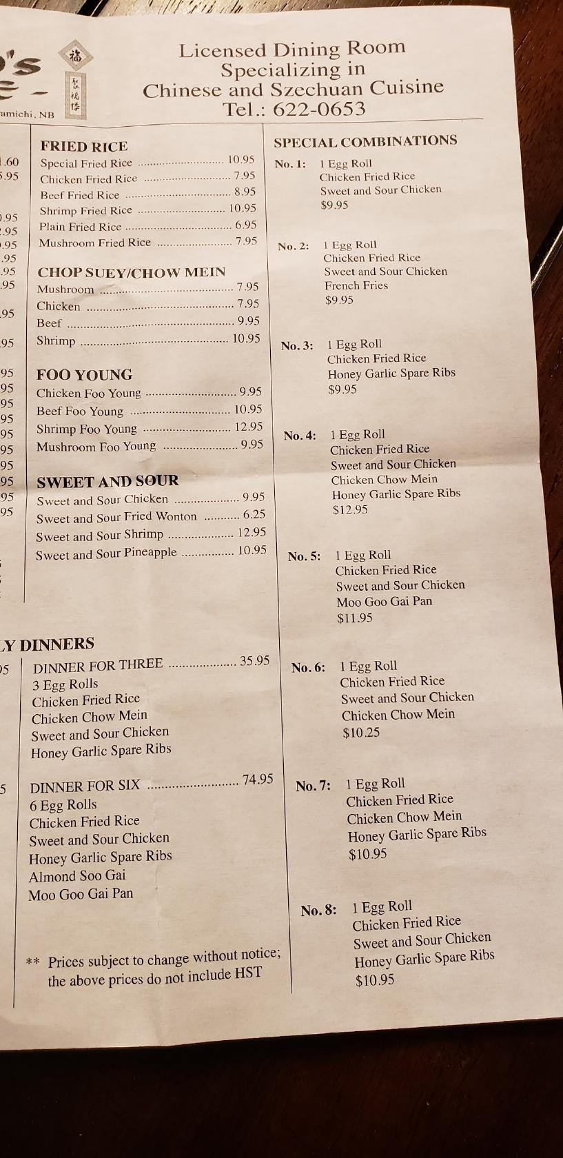 Menu at Tran's Palace Restaurant, Miramichi