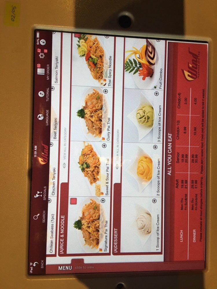 Menu au Wind Japanese & Thai restaurant, Niagara Falls