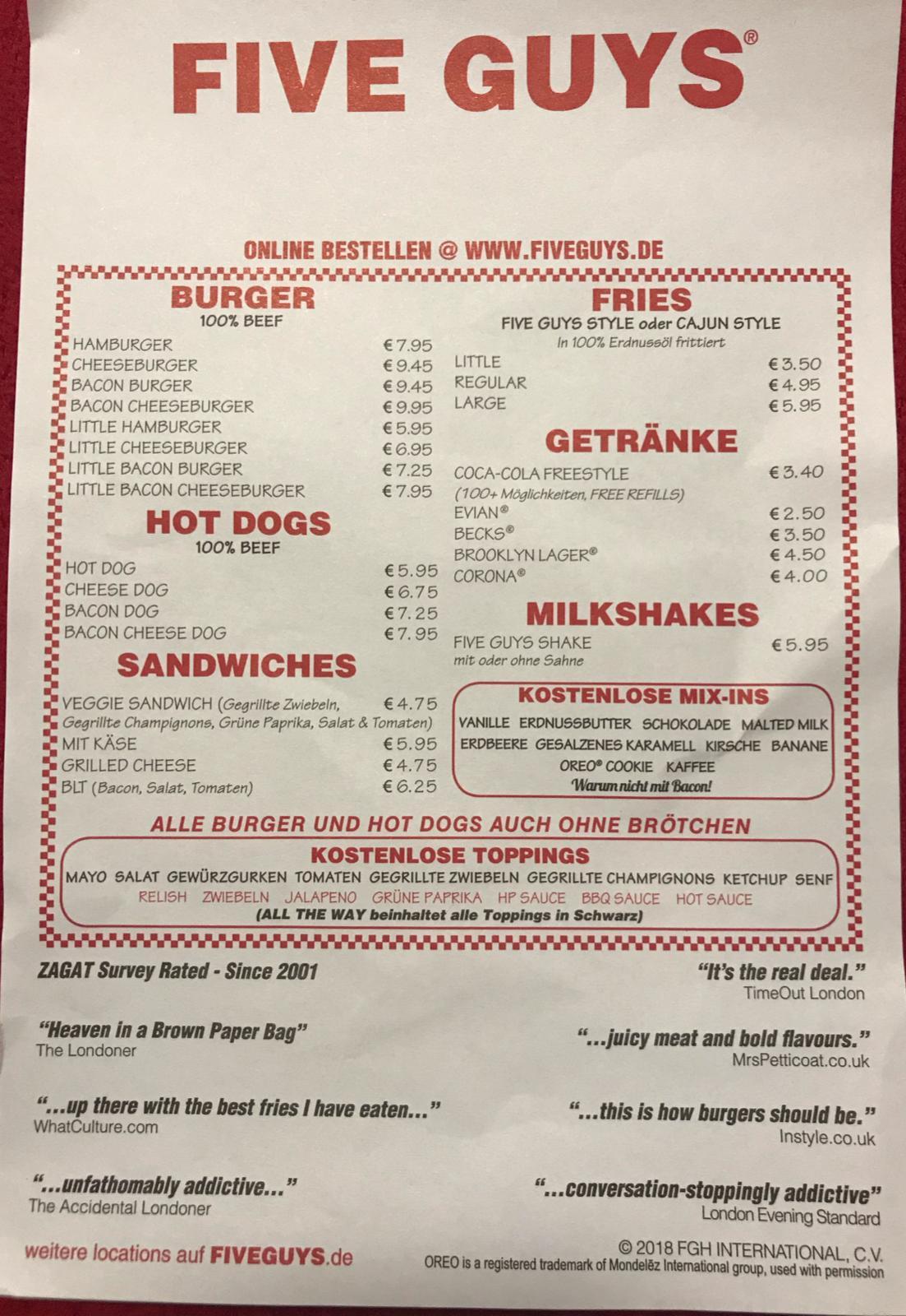 Speisekarte von Five Guys Oberhausen CentrO restaurant, Oberhausen