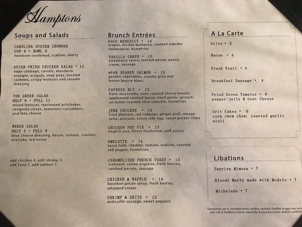 Menu at Hamptons restaurant, Sumter