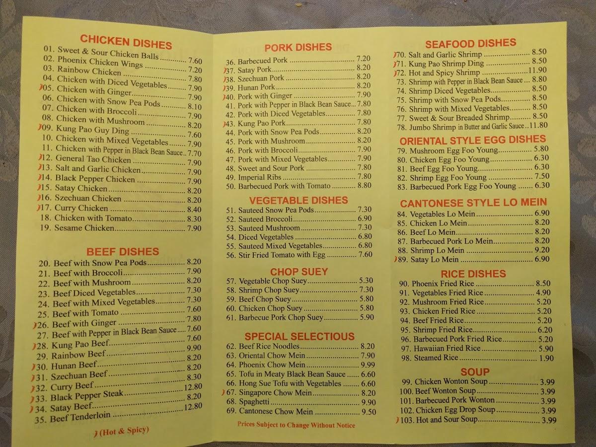 Menu at Phoenix Cuisine restaurant, Kitchener