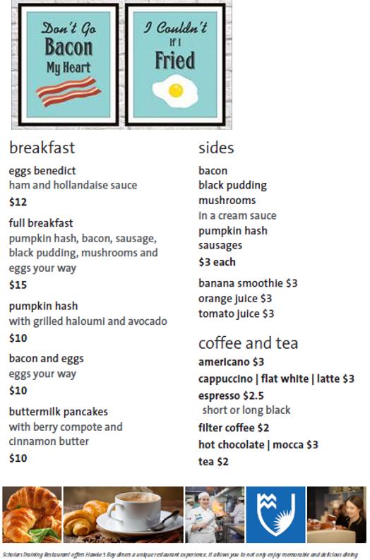 Menu at Scholars cafe, Napier