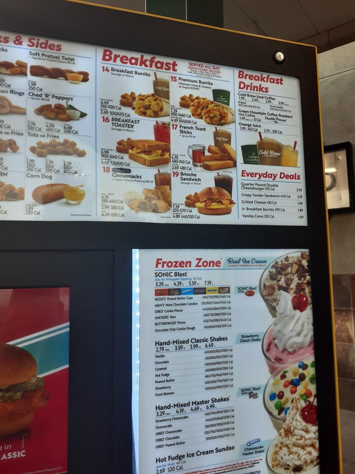 Menu at Sonic Drive-In fast food, Ripon