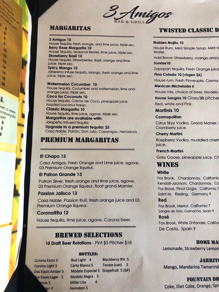 Menu at 3 Amigos Bar & Grill, Malden