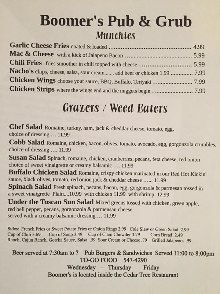 Menu at Boomer's Pub & Grub, Palo Cedro