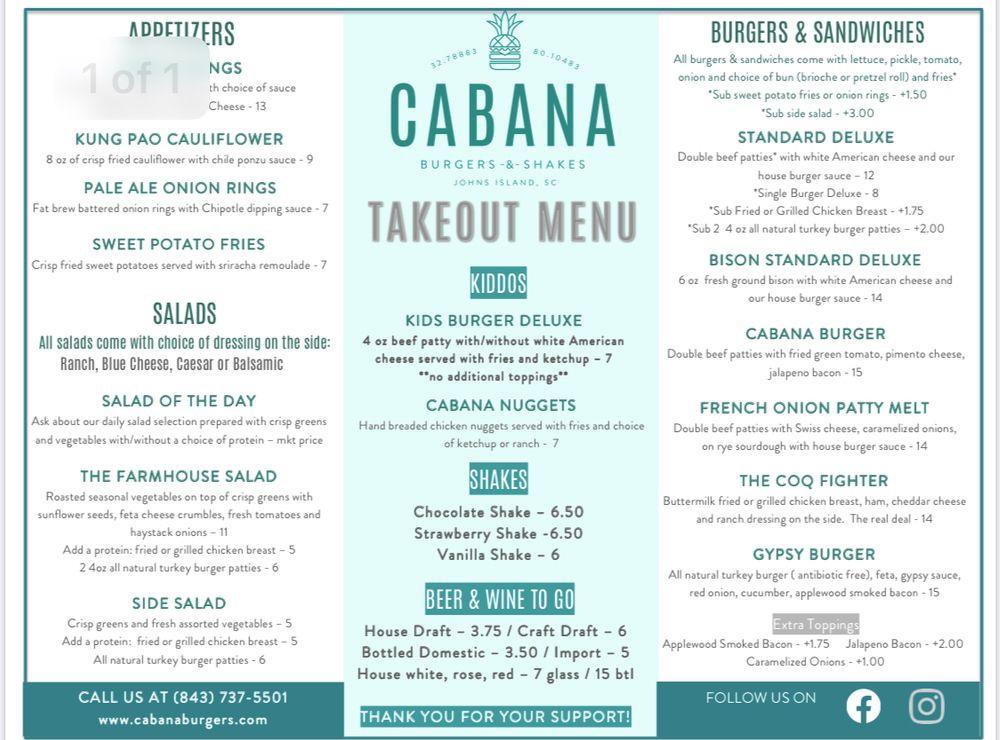 Menu at Cabana Burgers & Shakes restaurant, Johns Island