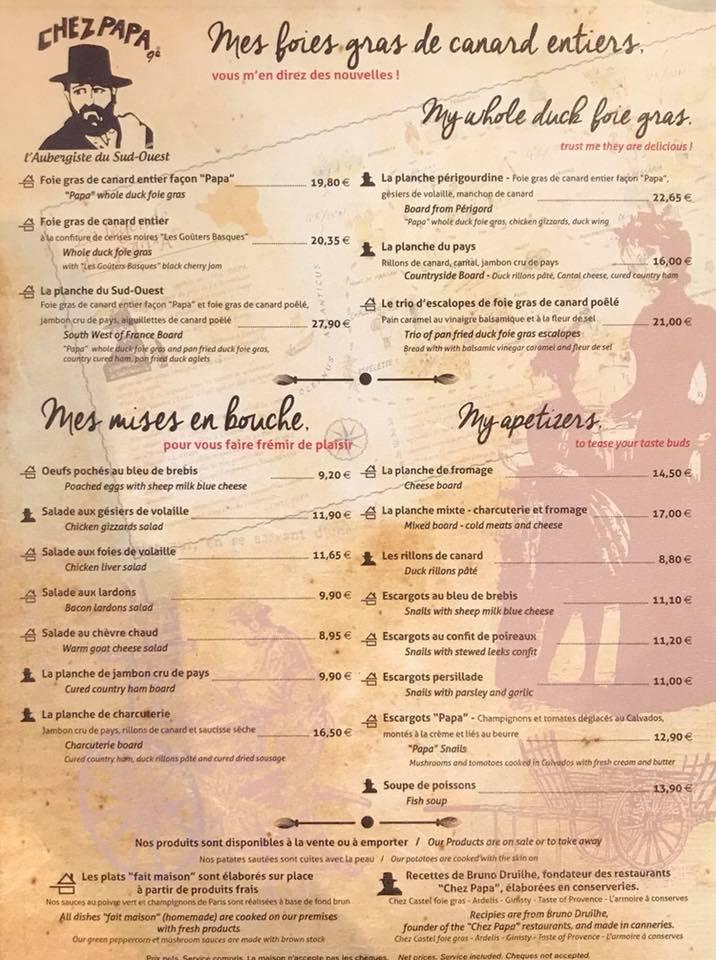 Carta del restaurante Chez Papa, Paris, 59 Rue del Clichy