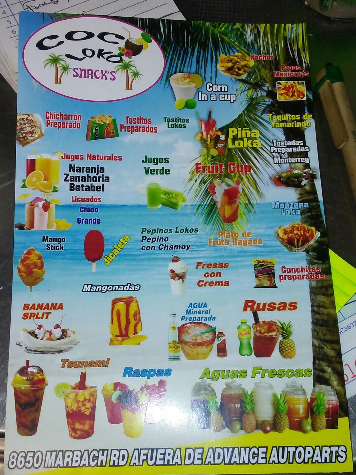 Carta del restaurante Coco Loco, San Antonio