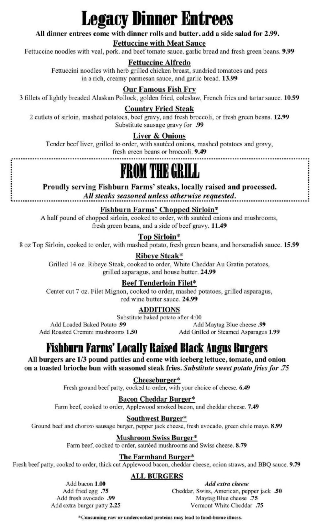 Menu at Legacy Restaurant & Bar, Marengo, 618 State Rte 61