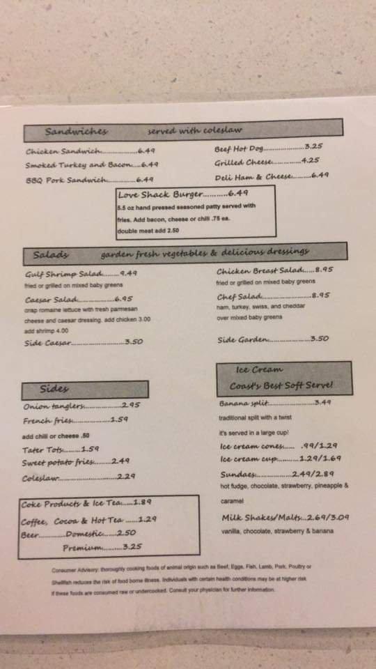 Menu at Love Shack cafe, Biloxi