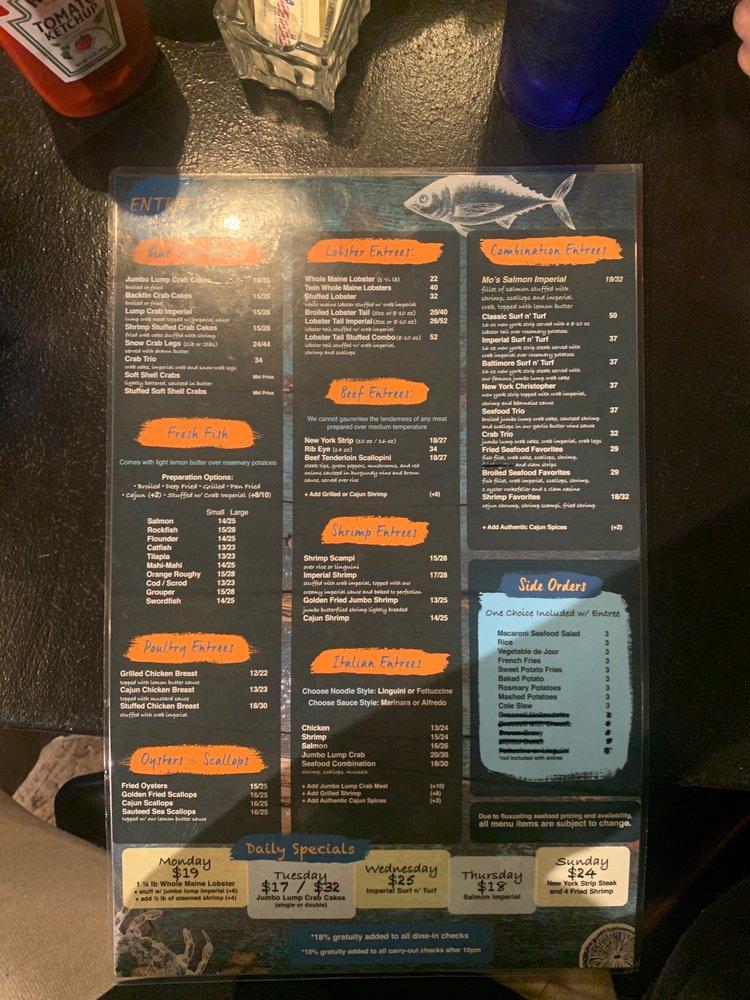 Menu at Mo's Seafood restaurant, Towson, E Joppa Rd