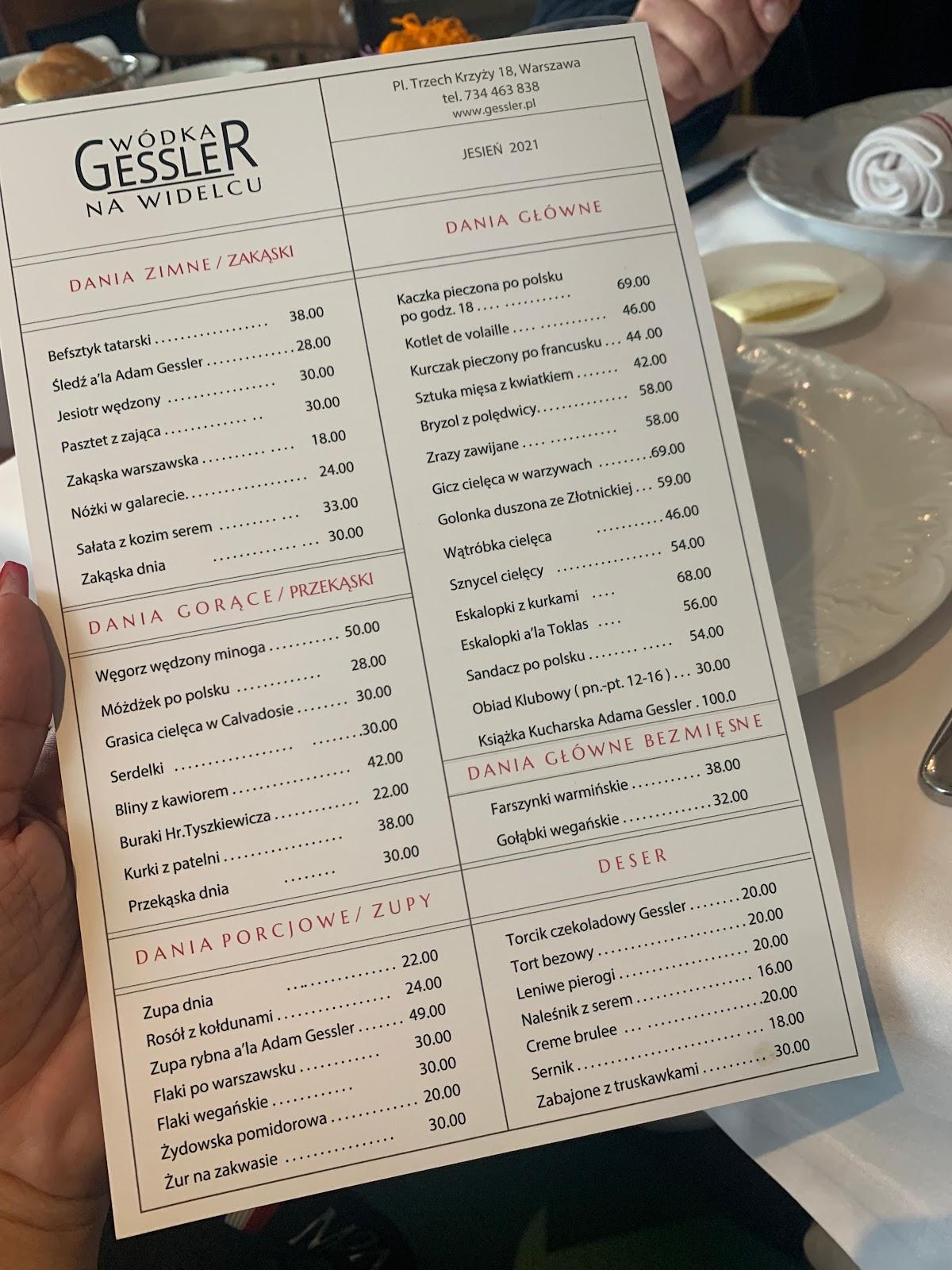 Menu at Restauracja Wódka Gessler Na Widelcu restaurant, Warsaw