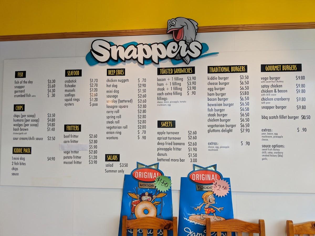 Menu at Snappers Fish and Chips restaurant, New Plymouth