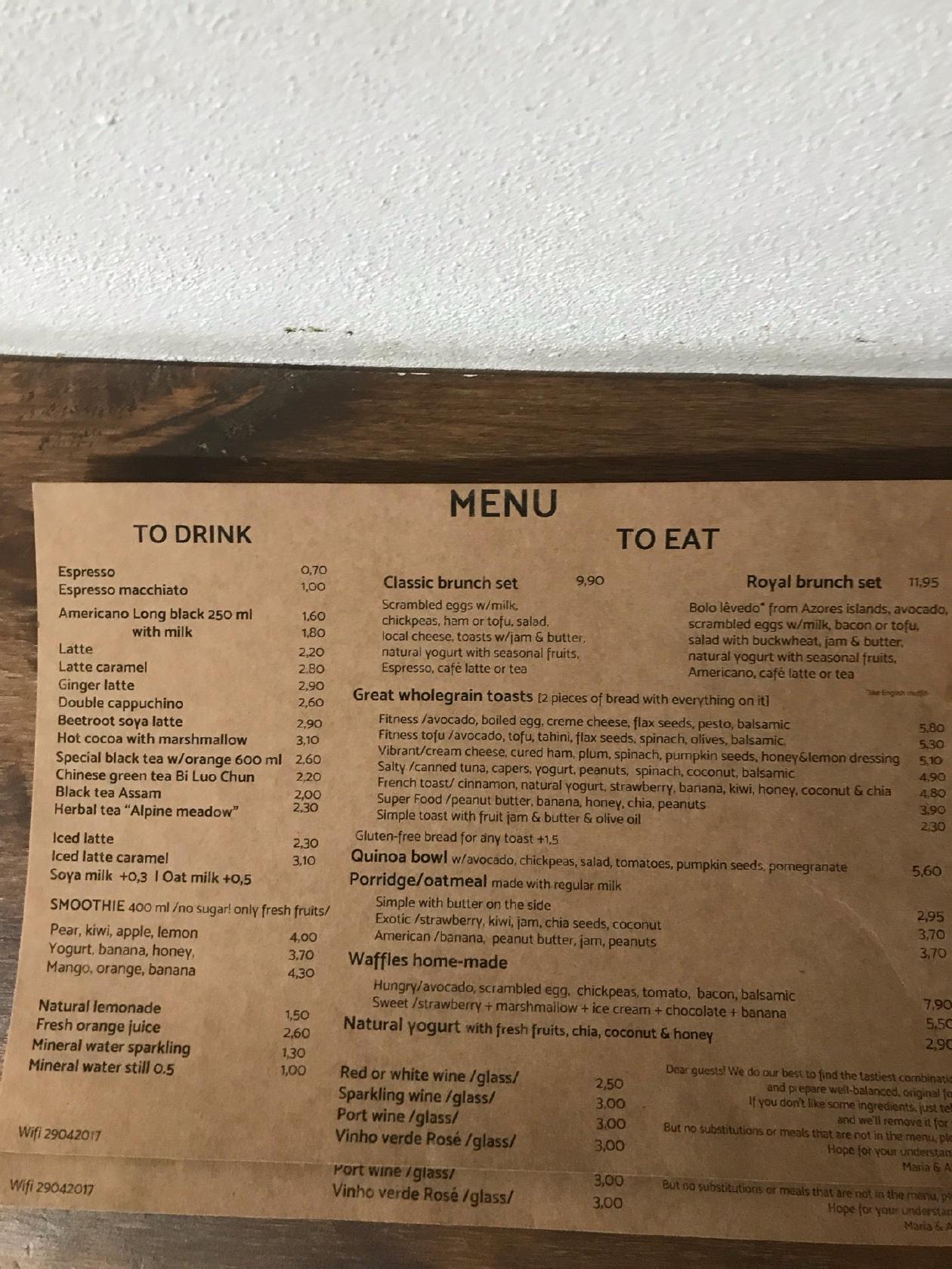 Menu at Zenith - Brunch & Cocktails Bar, Porto, Praça de Carlos Alberto 86