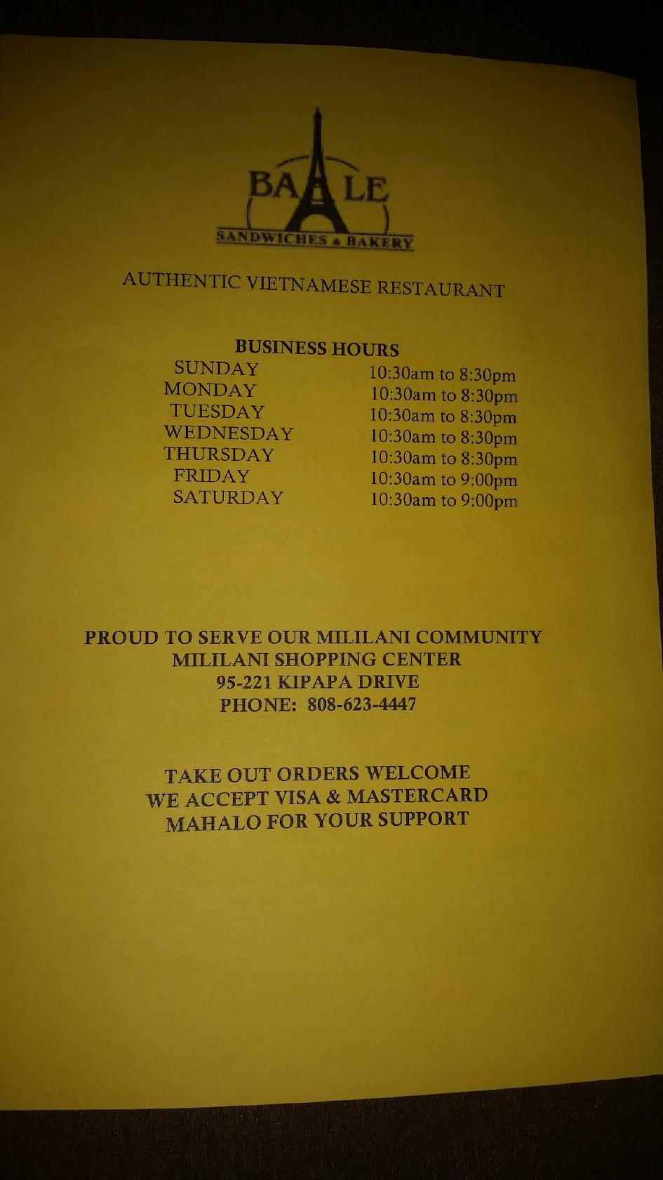 Menu at Ba Le Bakery, Mililani