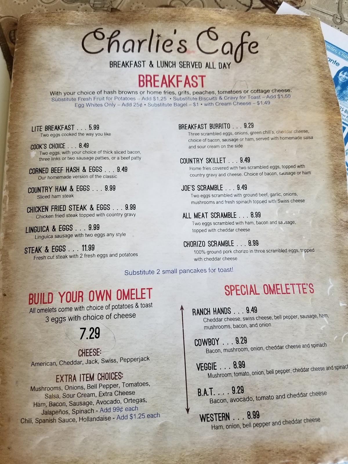 Menu at Charlie's Cafe, Grass Valley
