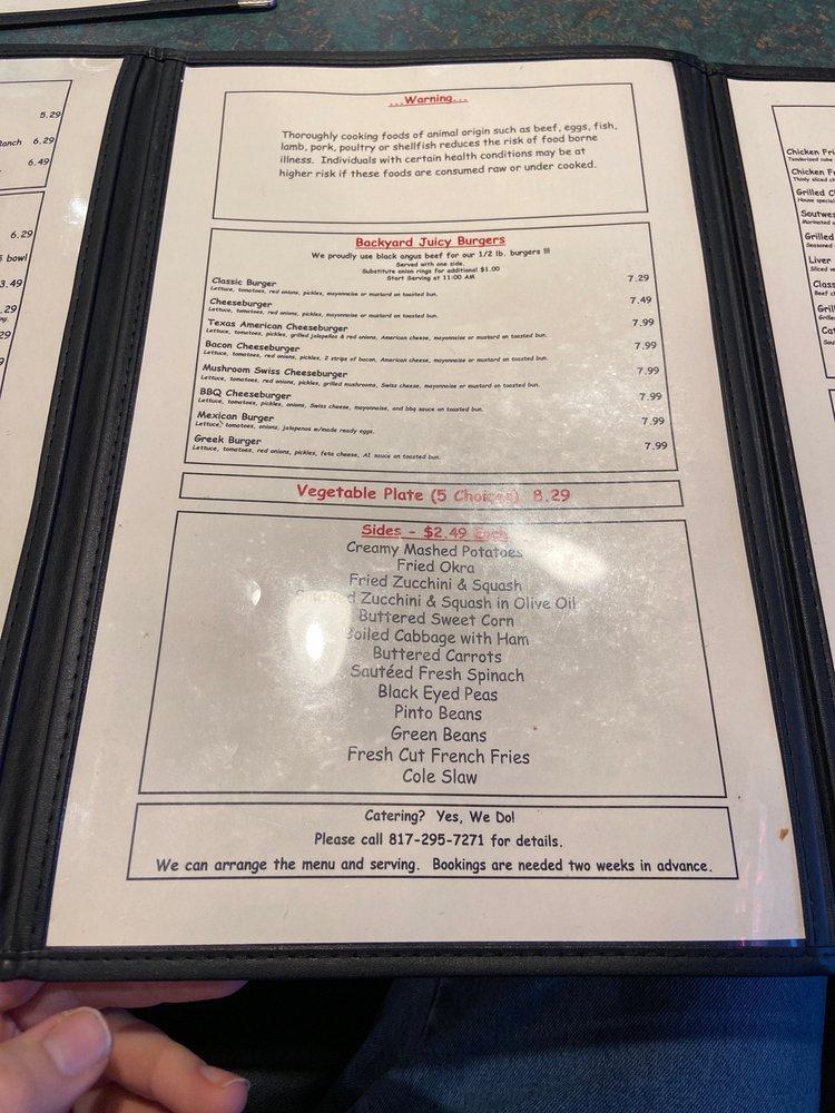 Menu at Elk's Diner restaurant, Burleson